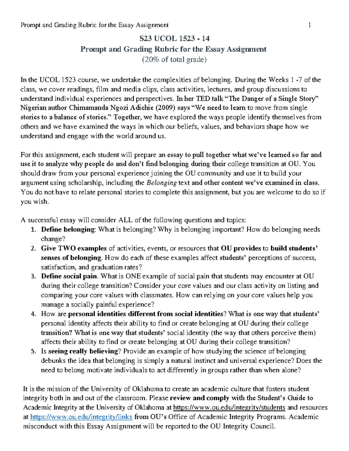 UCOL 1523 Essay Assignment Sheet and Rubric revised Carter-Sowell ...