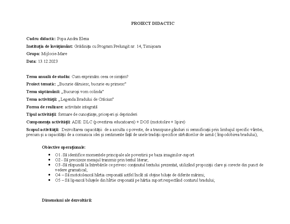 Proiect DE Activitate - PROIECT DIDACTIC Cadru didactic: Popa Andra ...