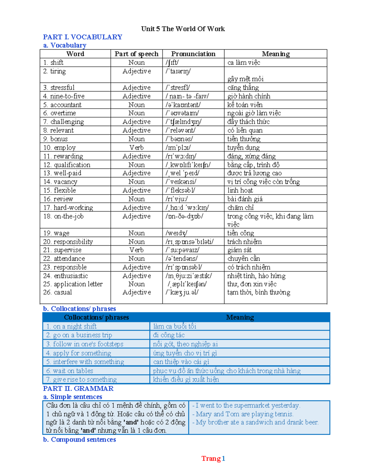 Unit 5: The World of Work - Vocabulary and Grammar Exercises - Studocu