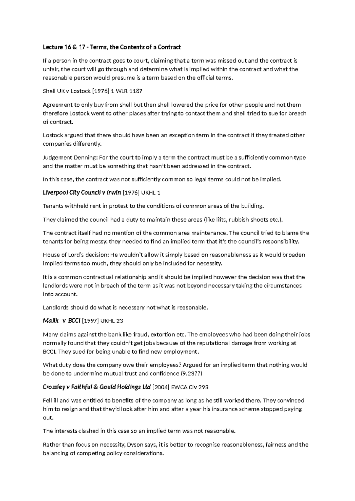 Lecture 16 & 17: Terms and Contents of a Contract Notes - Studocu