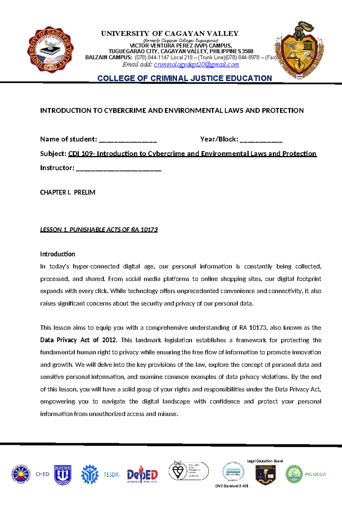 CDI 101: Intro to Cybercrime & RA 10173 Overview - Week 2 Module - Studocu