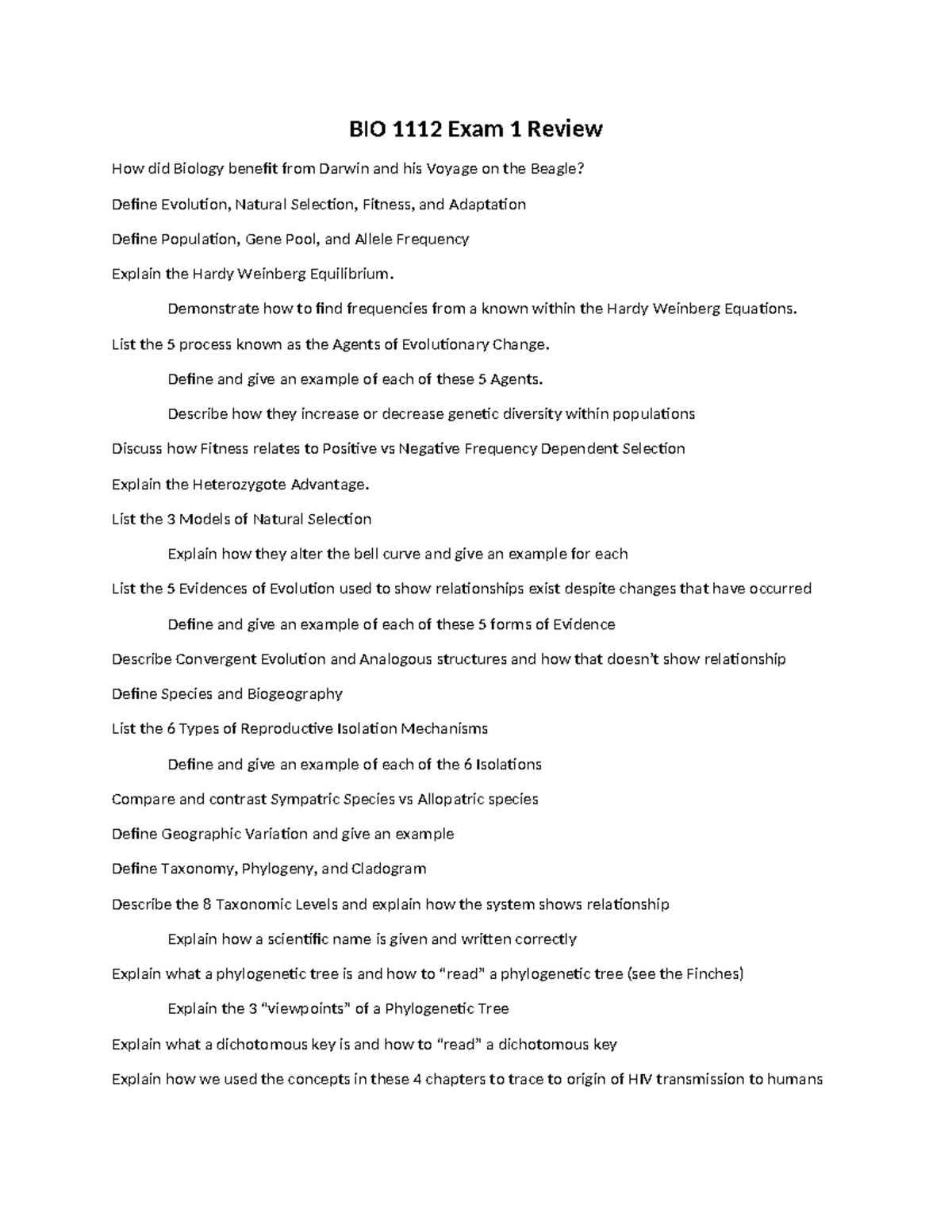 BIO 1112 Midterm Exam Review: Key Concepts in Evolution & Taxonomy ...