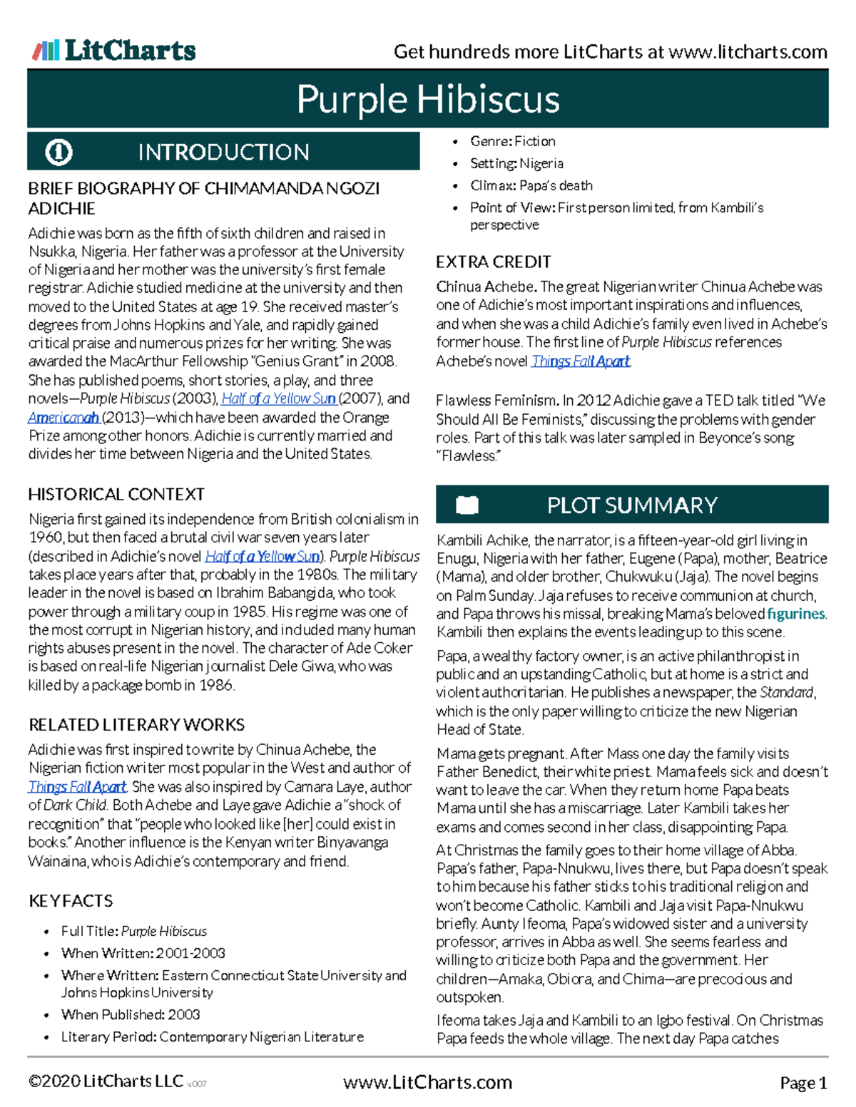 Literariness in Purple Hibiscus: Summaries & Analysis (ENG 101) - Studocu