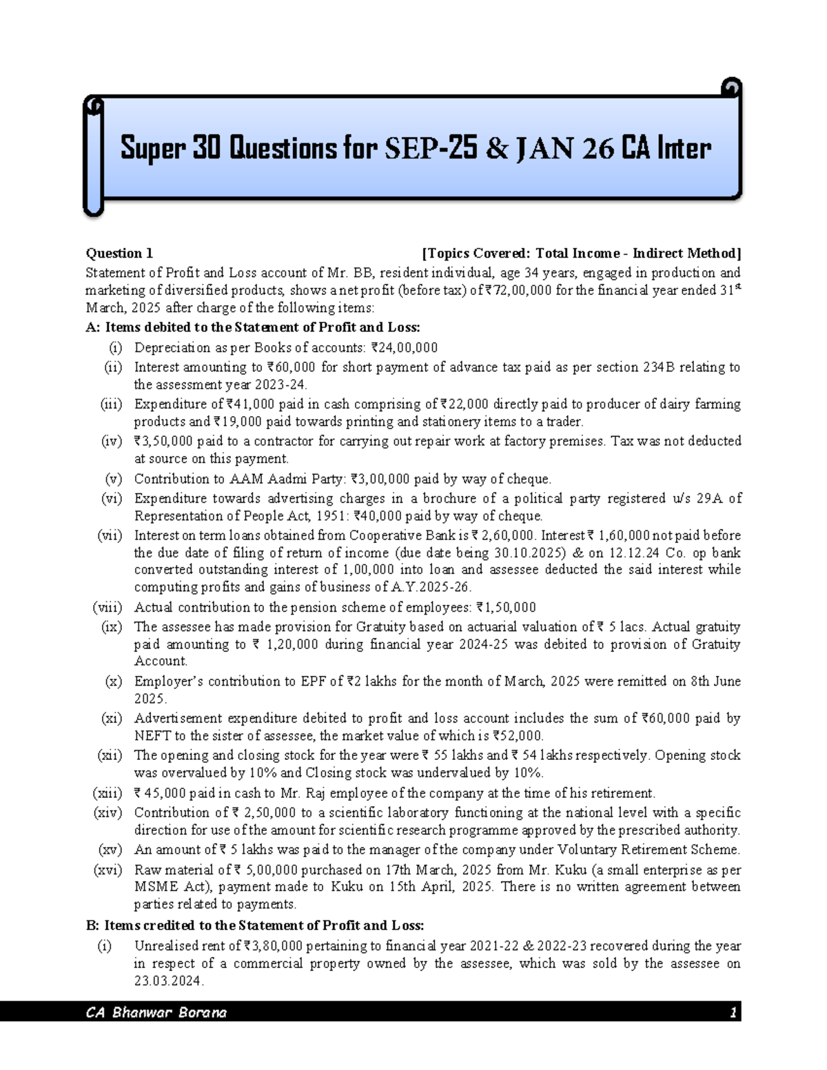 Super 30 Questions for CA Inter JAN 26: Total Income Computation and ...