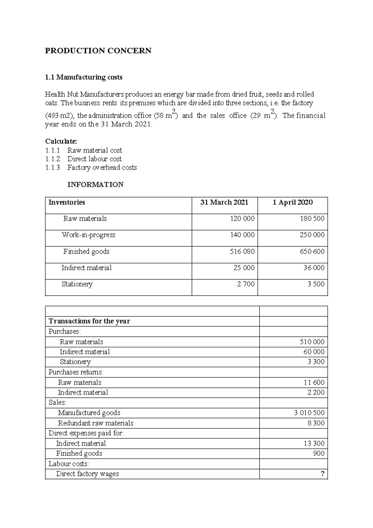 Production Concern 1.1: Manufacturing Costs Analysis - Studocu