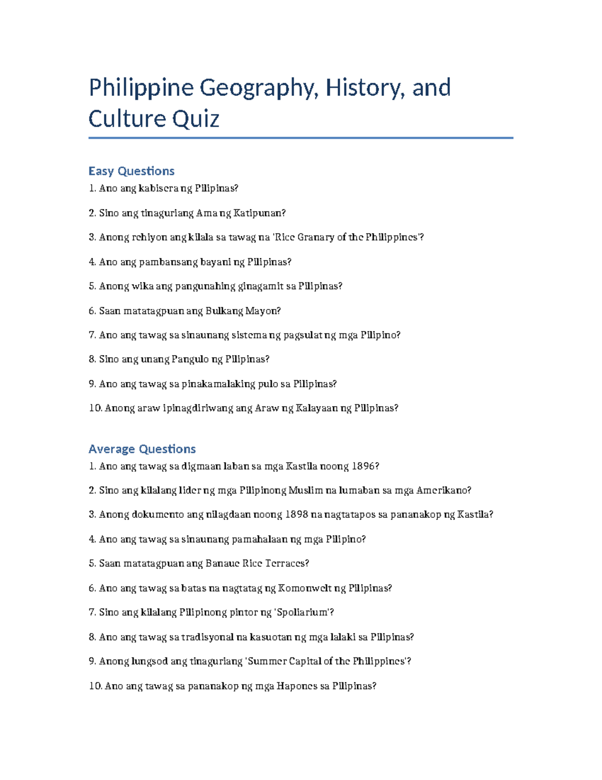 Philippine Geography, History, and Culture Quiz (Easy to Difficult ...