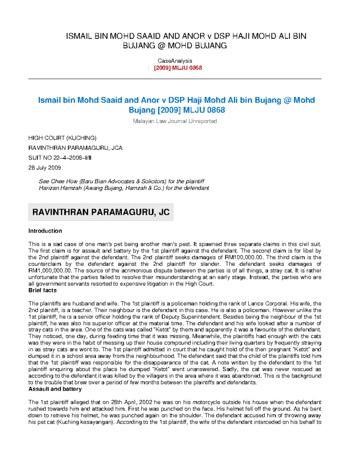 Case Analysis: Ismail bin Mohd Saaid & Anor v DSP Haji Mohd Ali ...