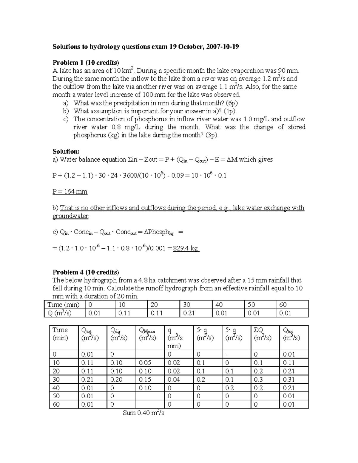 Hydrology Exam Solutions: Questions from 19 Oct 2007 - 10 Credits Each ...