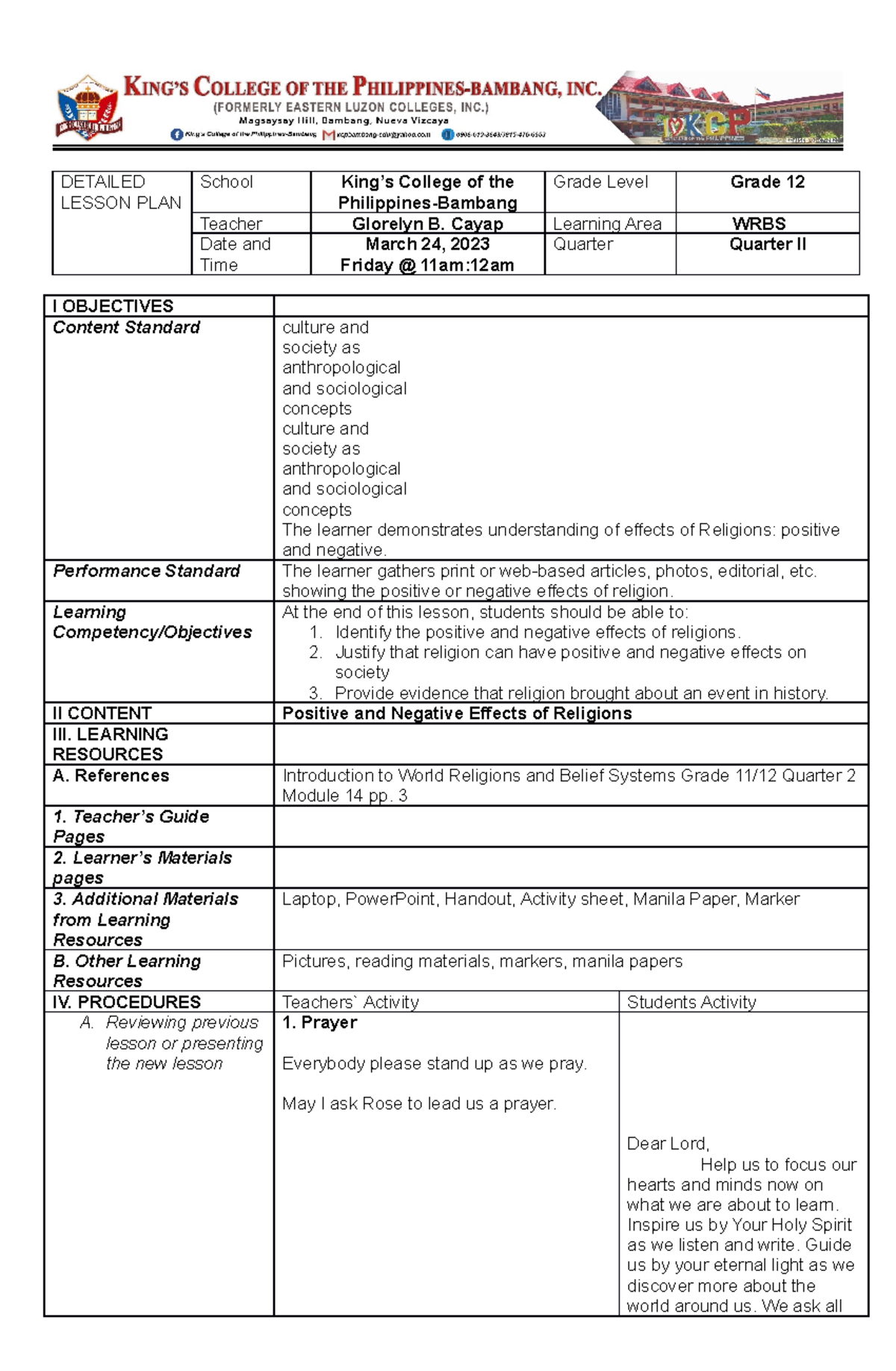 Positive and Negative Effects of Religions - Grade 12 Lesson Plan - Studocu