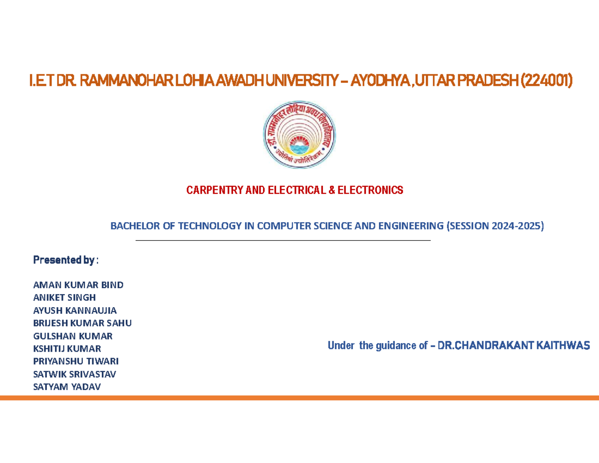 Carpentry & Electrical Electronics: B.Tech in CSE Overview - Studocu