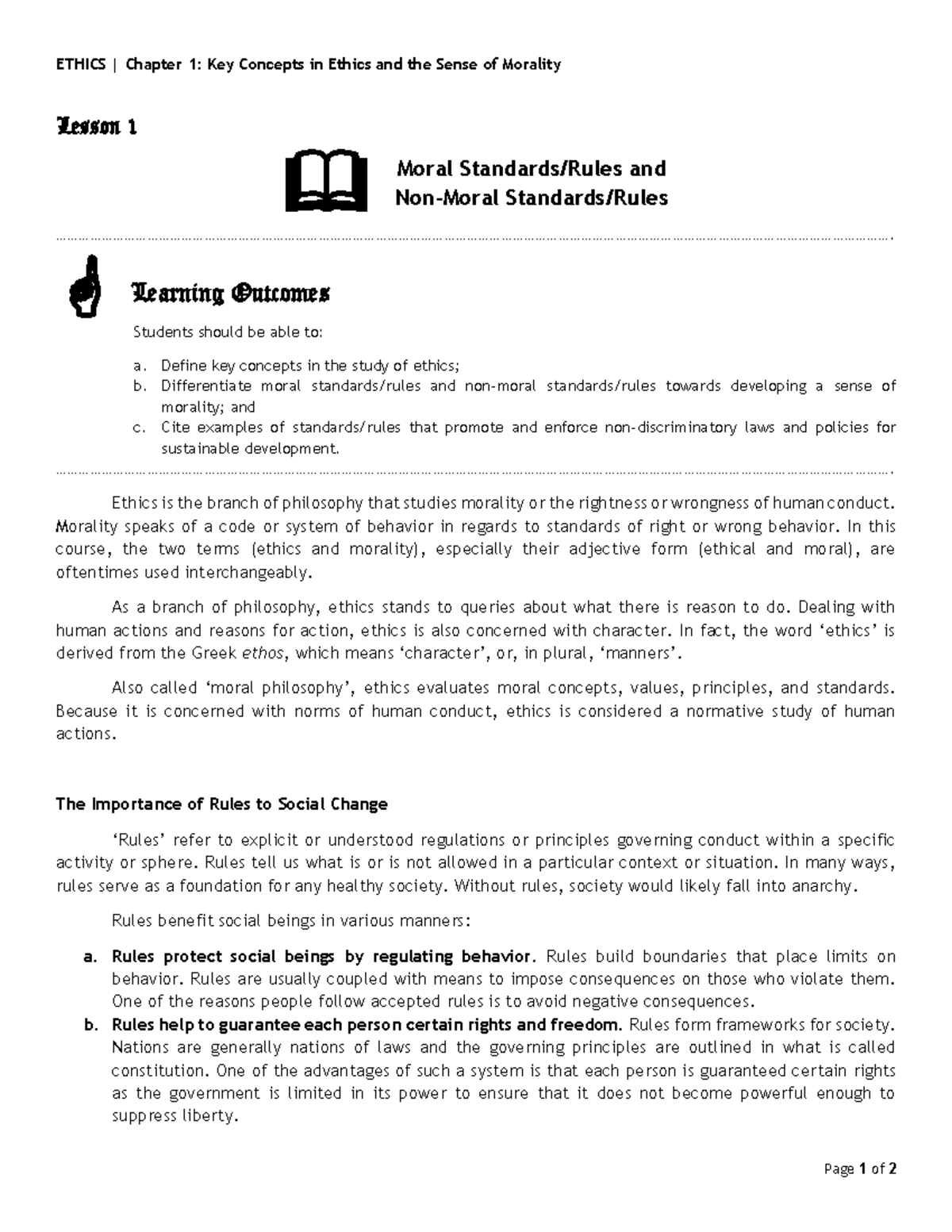 GECC 104 Ethics Lesson 1: Key Concepts in Morality and Standards - Studocu
