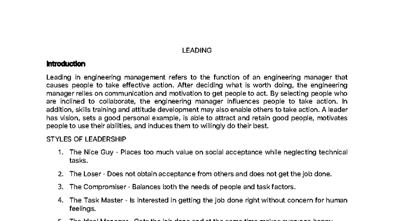 Leading in Engineering Management: Styles, Activities, and Selection ...