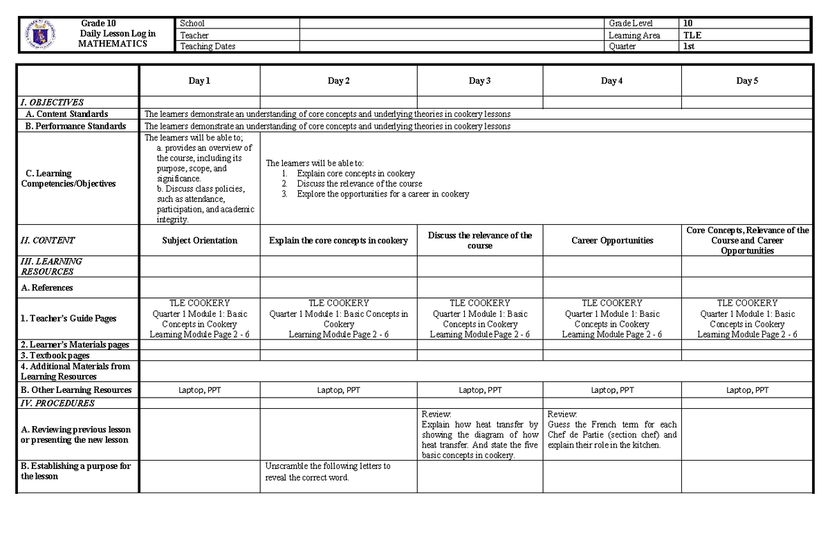 Grade 10 TLE Cookery Daily Lesson Log - Quarter 1 - Studocu