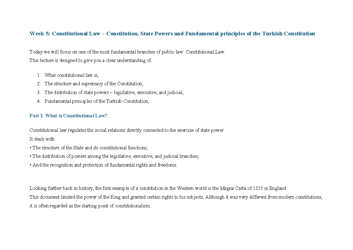 Law 100: Week 5 - Constitutional Law & Principles of the Turkish ...