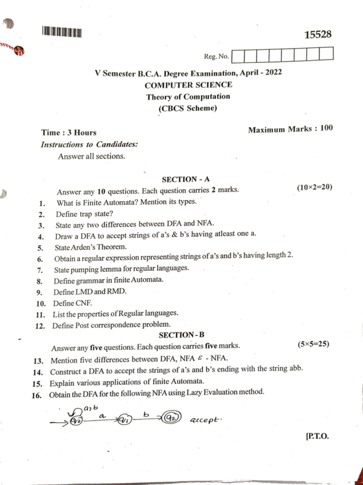 Theory of Computation - V Sem B.C. Degree Exam 2022 - Detailed Q&A ...