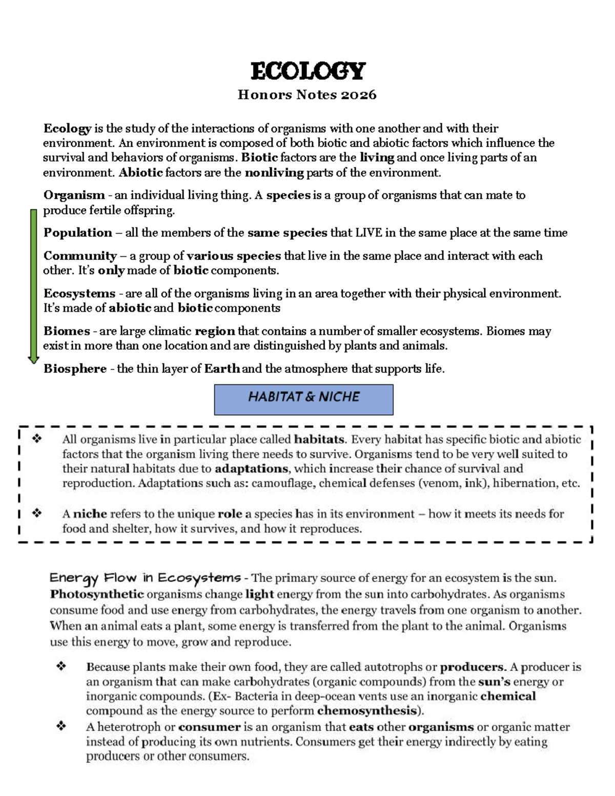 ECOLOGY Honors Notes 2026: Interactions, Ecosystems, and Biodiversity ...