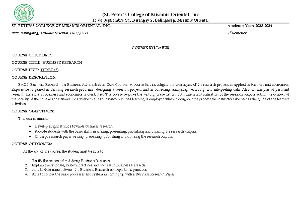 BAC5 Business Research Course Syllabus and Learning Outcomes - Studocu