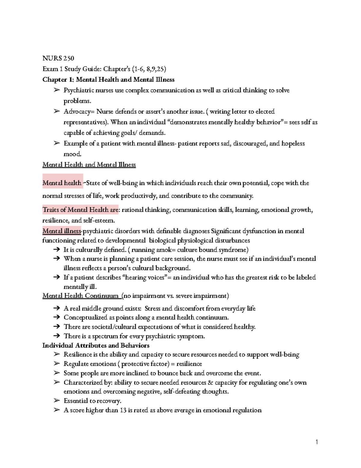 NURS 250 Psych & Mental Health Nursing Exam 1 Study Guide (Ch. 1-6, 8 ...