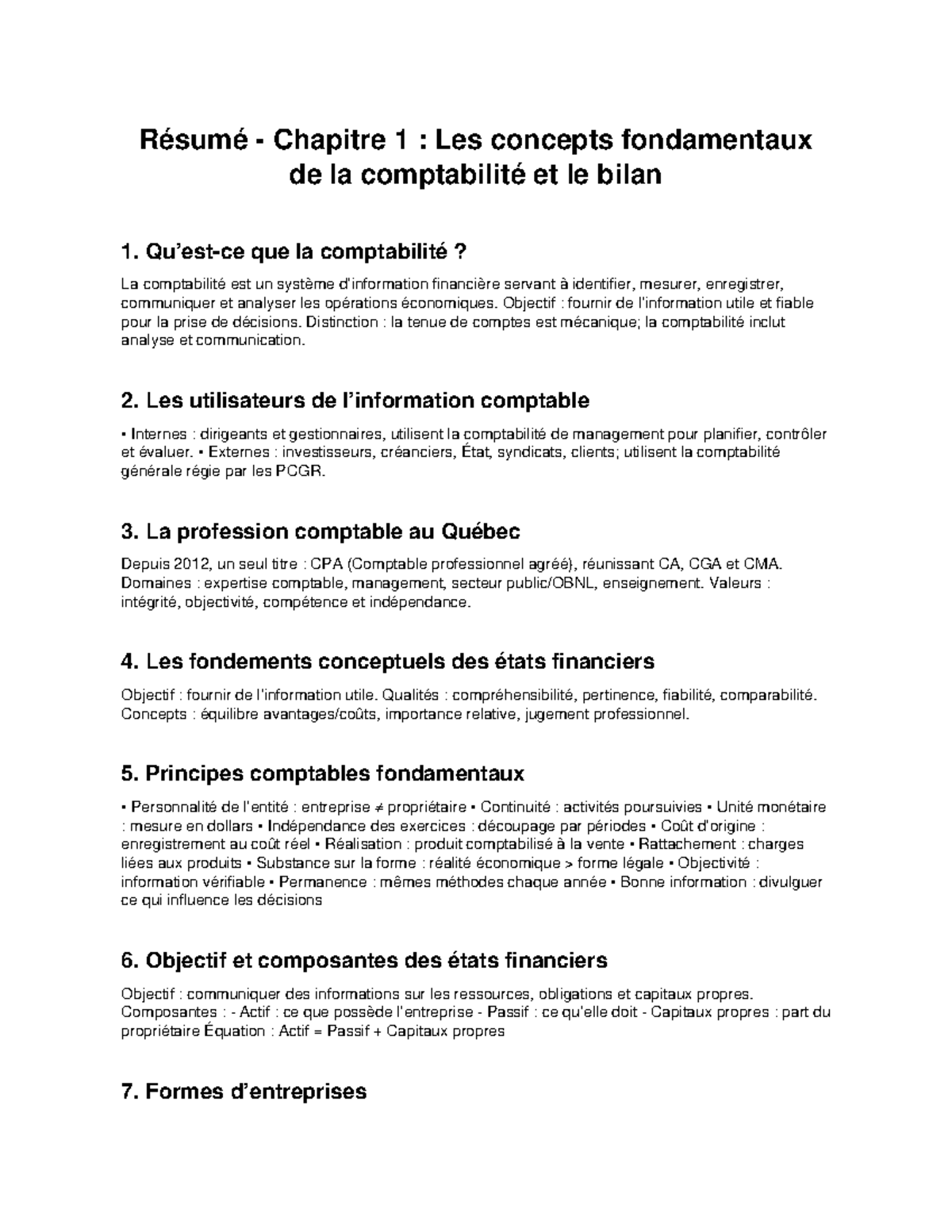 Résumé Chapitre 1 : Concepts Fondamentaux de la Comptabilité - Studocu