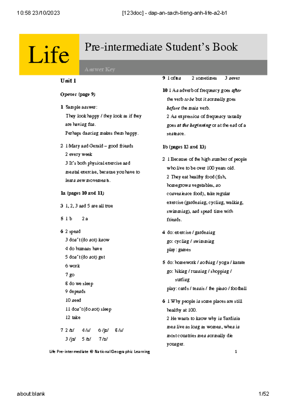 Life Book Answer Key for Unit 1-4: Frequency, Activities, and Reviews ...