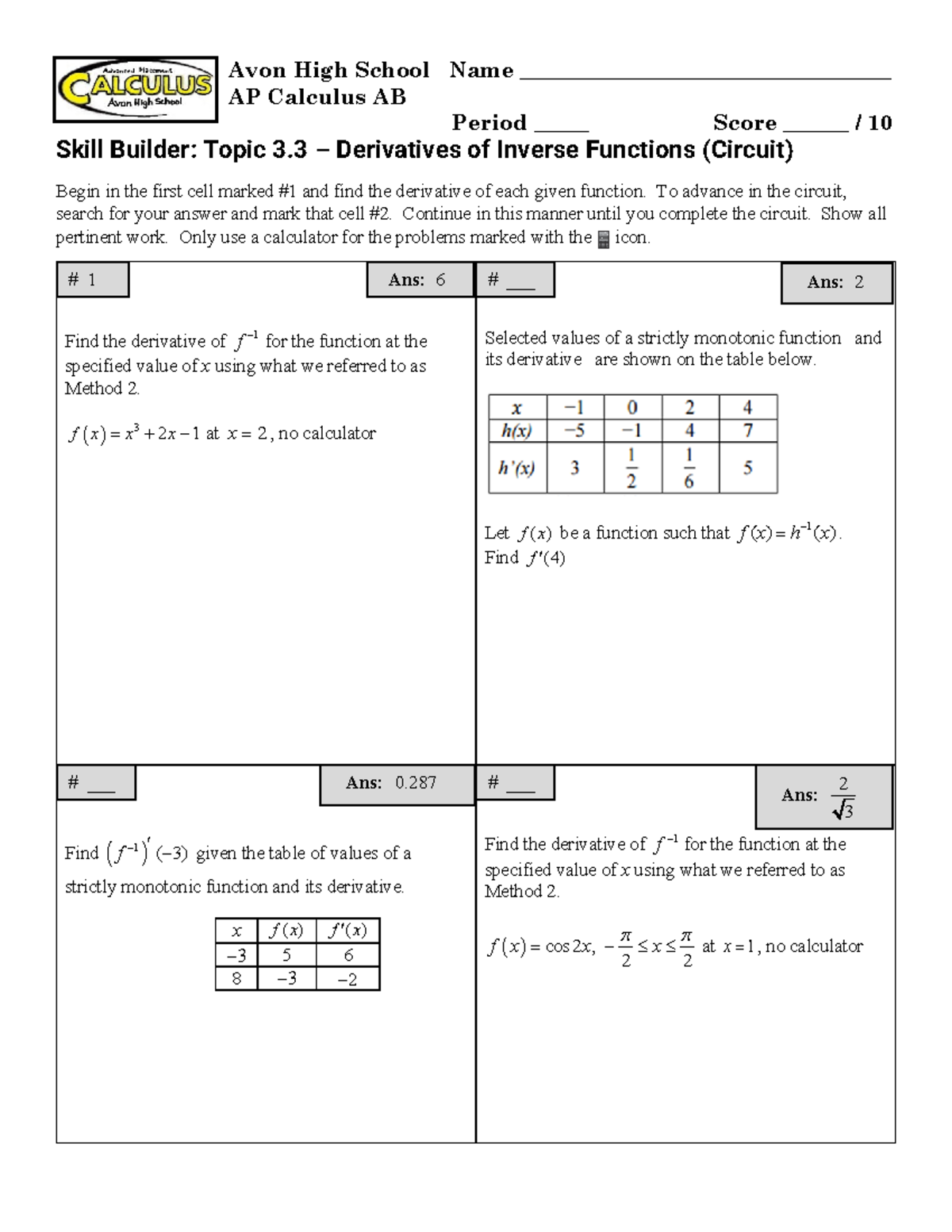 AP Calculus AB Skill Builder: Derivatives of Inverse Functions Circuit ...