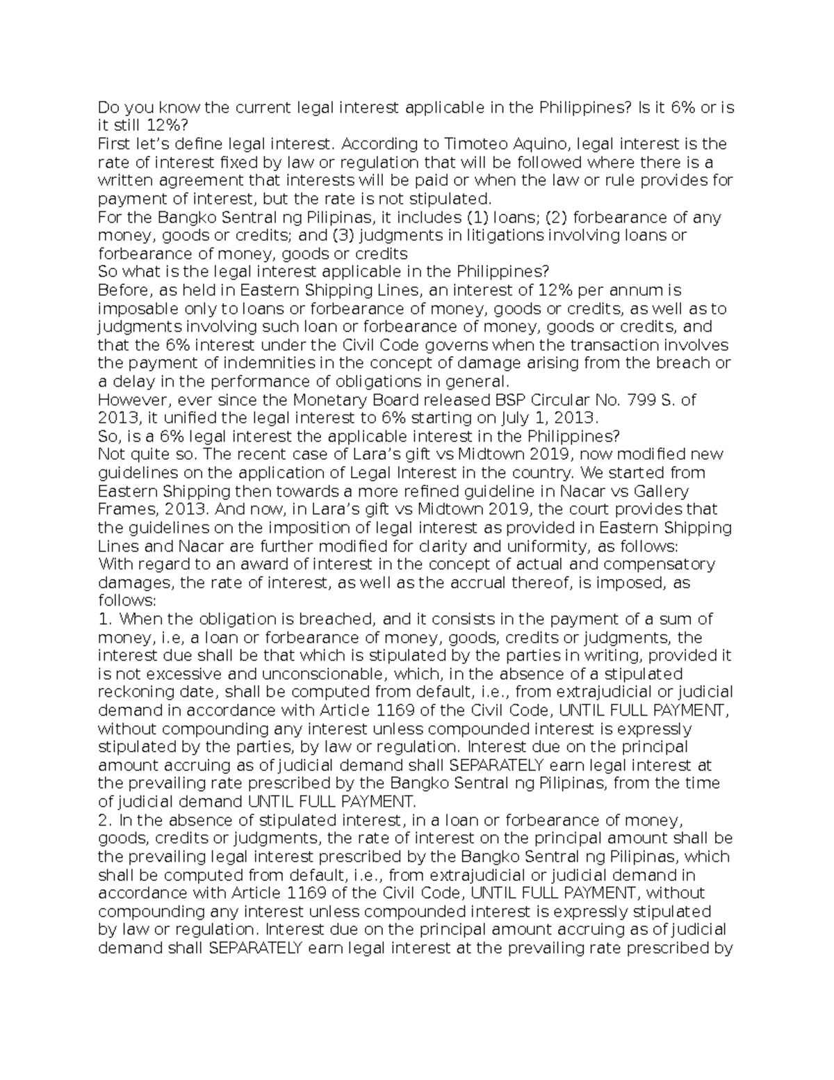 Legal Interest in the Philippines: Current Guidelines & Rates - Studocu