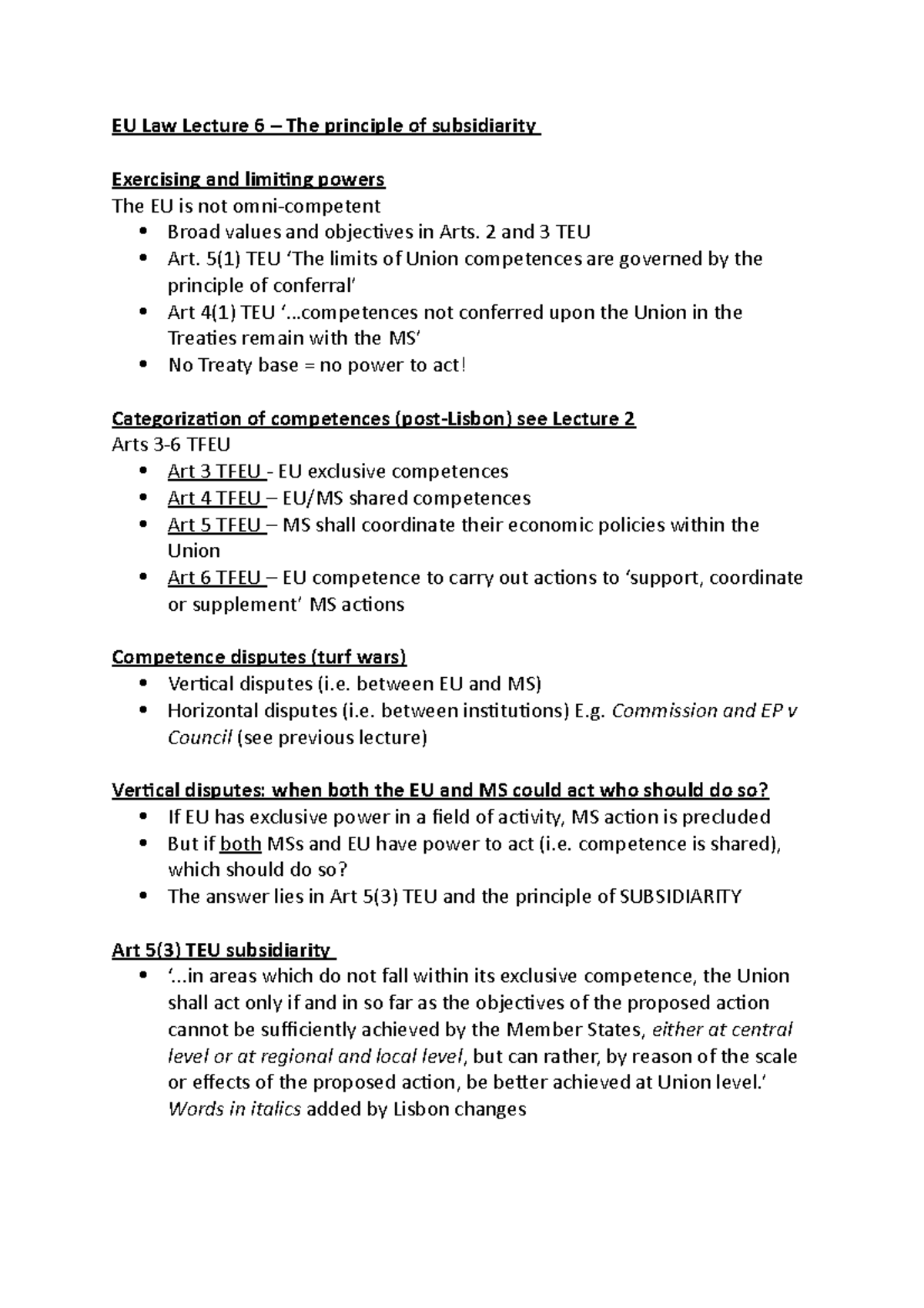 EU Law Lecture 6: Understanding the Principle of Subsidiarity - Studocu