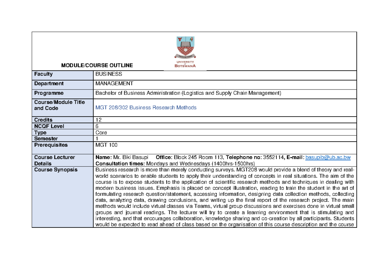 MGT 208-302 Business Research Methods Course Outline and Details - Studocu