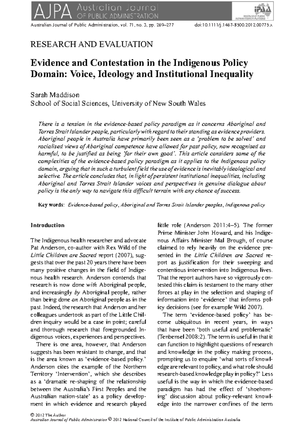 Indigenous Policy Analysis: Evidence, Ideology & Inequality in ...