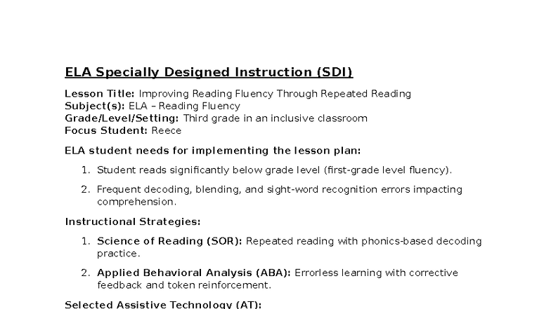 ELA SDI Lesson Plan: Enhancing Reading Fluency for Reece - Studocu