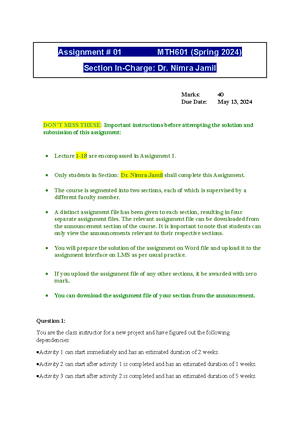 MTH601 Quiz-2 - quiz 2 - MTH-601 Operations Research Update MCQS For Quiz- 2 File Solve By Vu ...