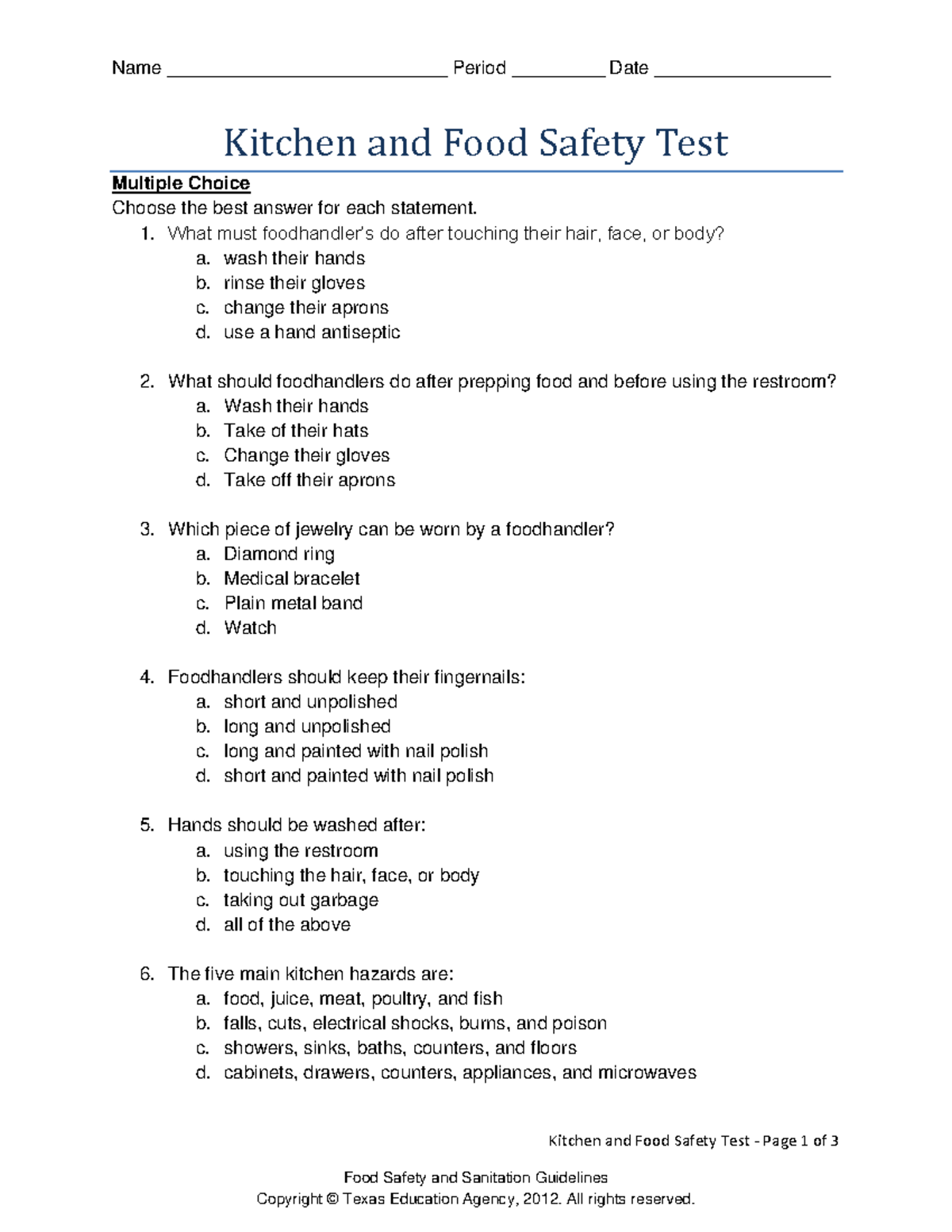 Kitchen-and-Food-Safety-Test - Name ___________________________ Period ...