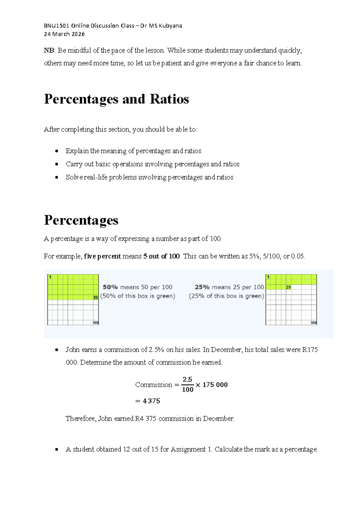 BNU1501 Online Lesson: Chapter 3 - Percentages & Ratios - Studocu