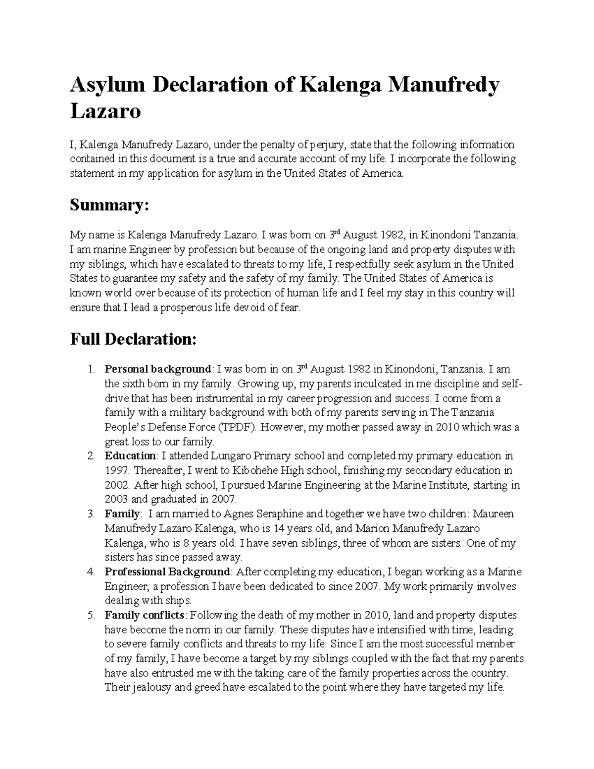 Asylum Declaration - this is a good document - Asylum Declaration of ...