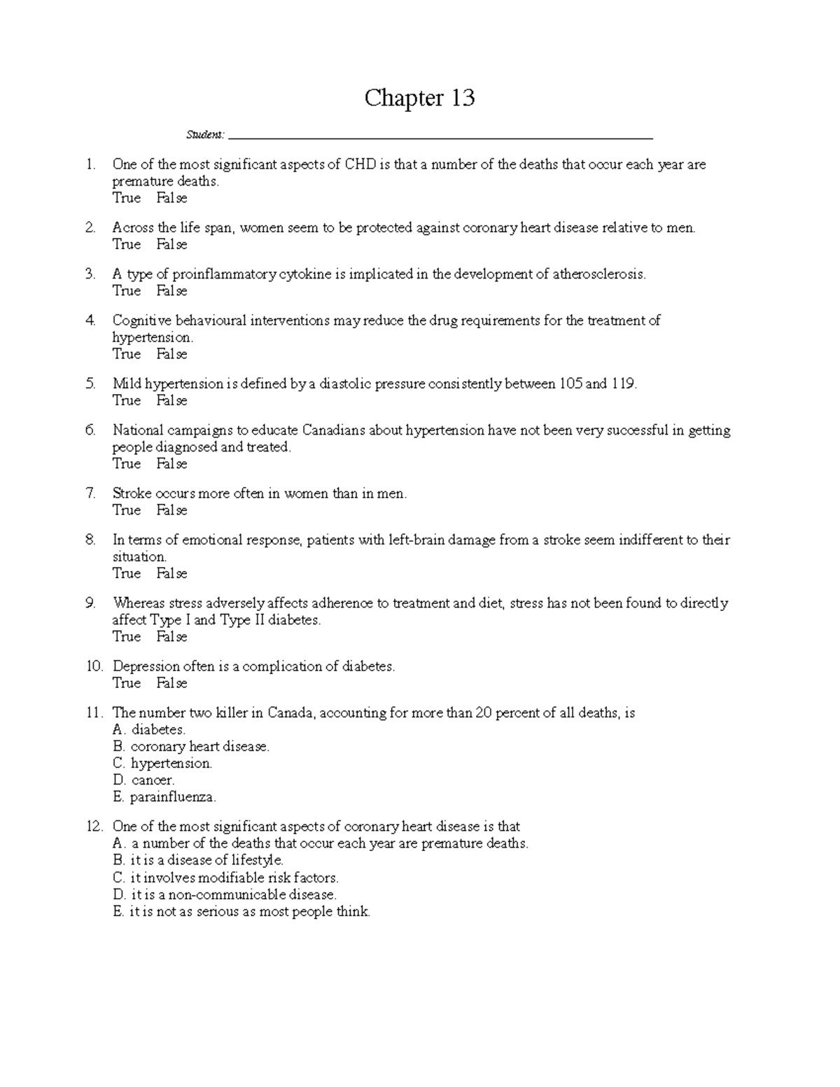 Chapter 13 - Coronary Heart Disease & Hypertension Testbank Answers ...