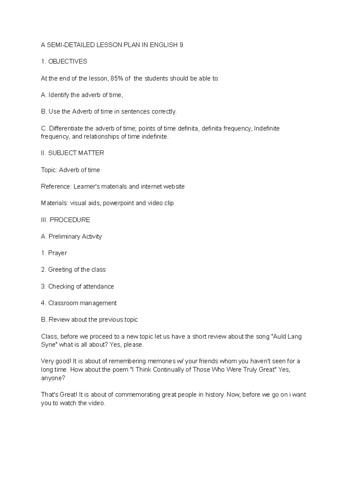 Lesson Plan on Adverb of Time for English 9 - A Detailed Guide - Studocu