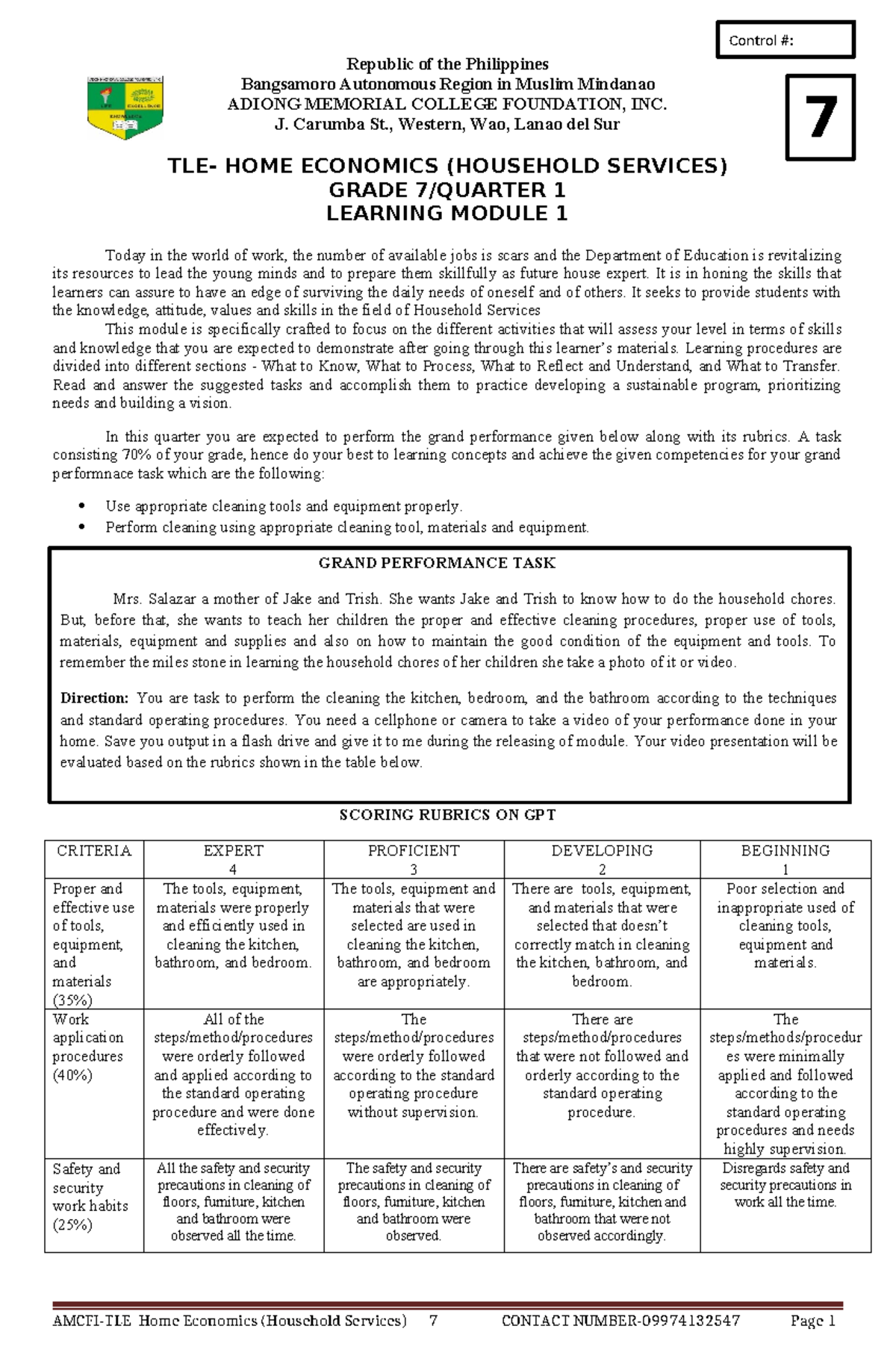 TLE HOME ECONOMICS GRADE 7 LEARNING MODULE 1: Household Services Skills ...