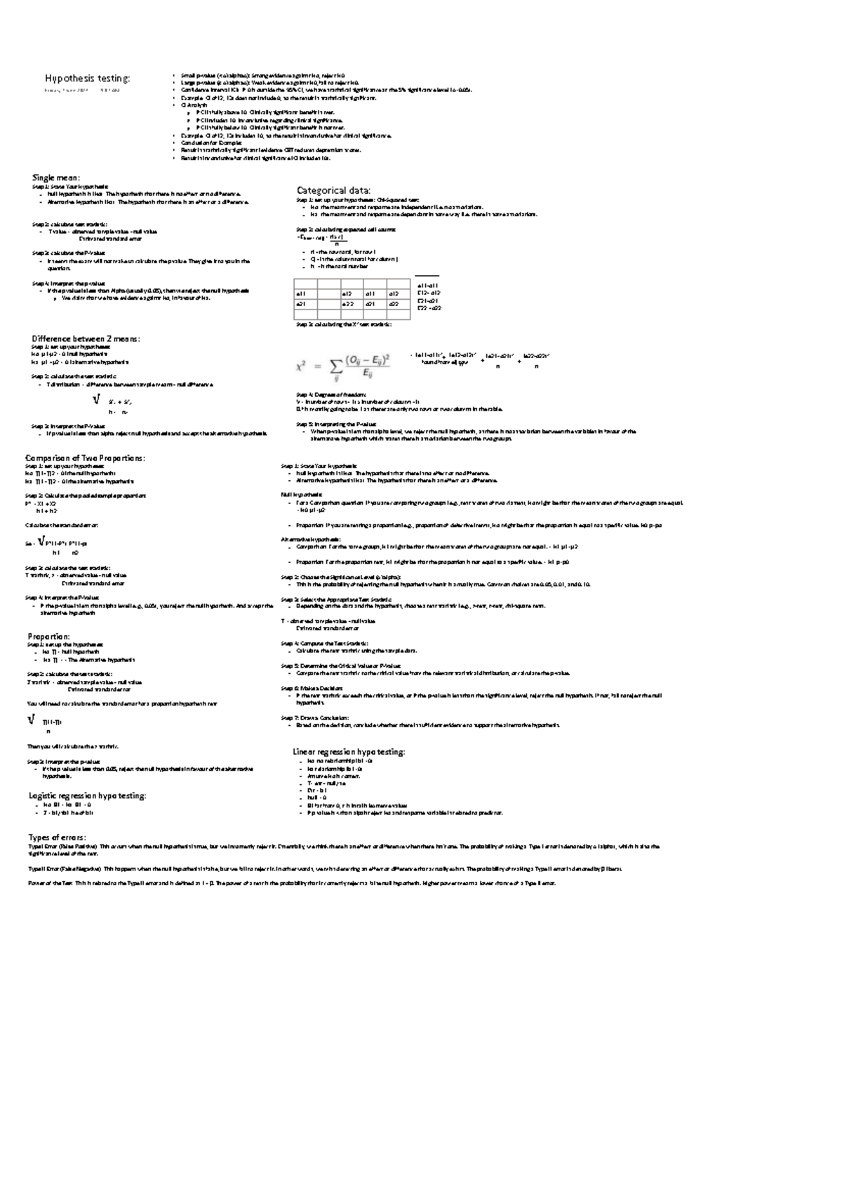 Hypothesis testing notes for statistics course (STAT 101) - Studocu