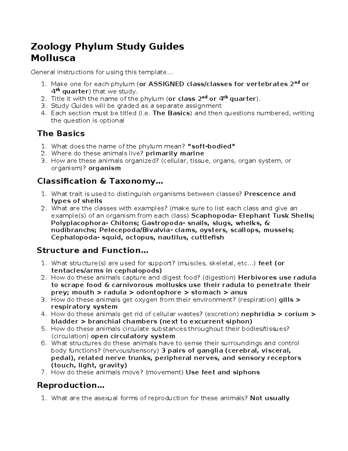 Zoology Phylum Study Guide Mollusca - Zoology Phylum Study Guides ...