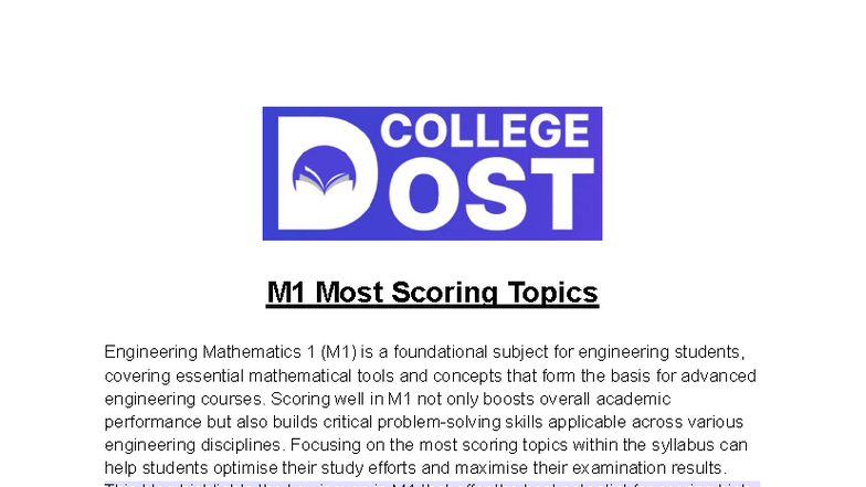M1 Key High-Scoring Topics in Engineering Mathematics 1 - Studocu