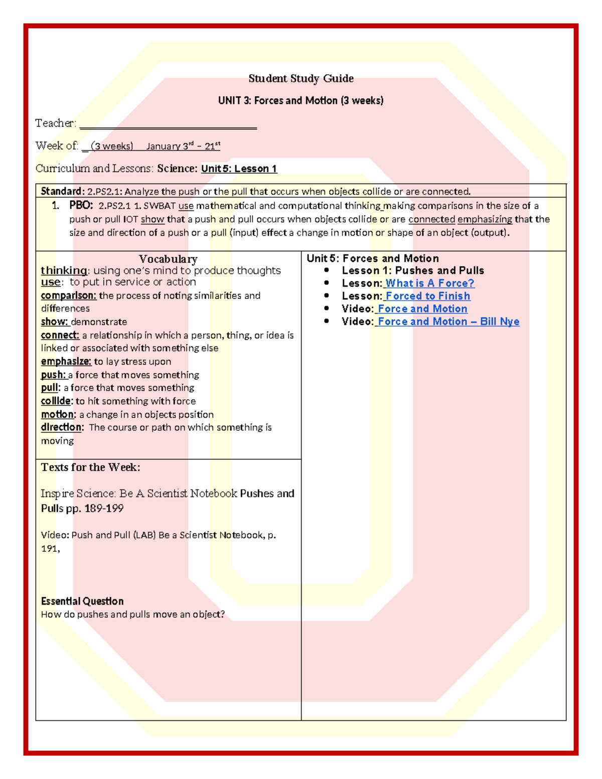 Science-OES Lesson Plan and Standard Study Guide Jan 3-21st - Student ...