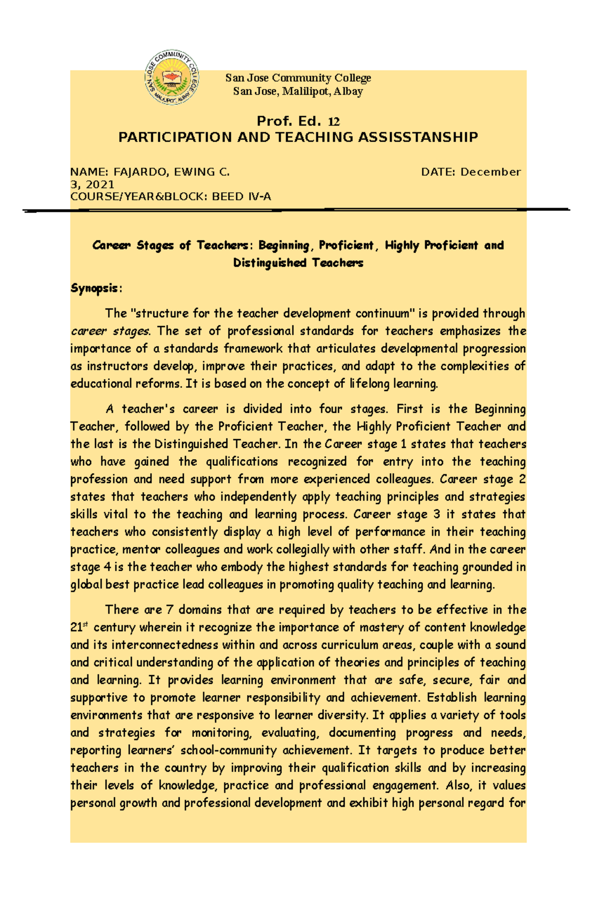 Career Stages of Teachers: Beginning, Proficient, Highly Proficient and ...