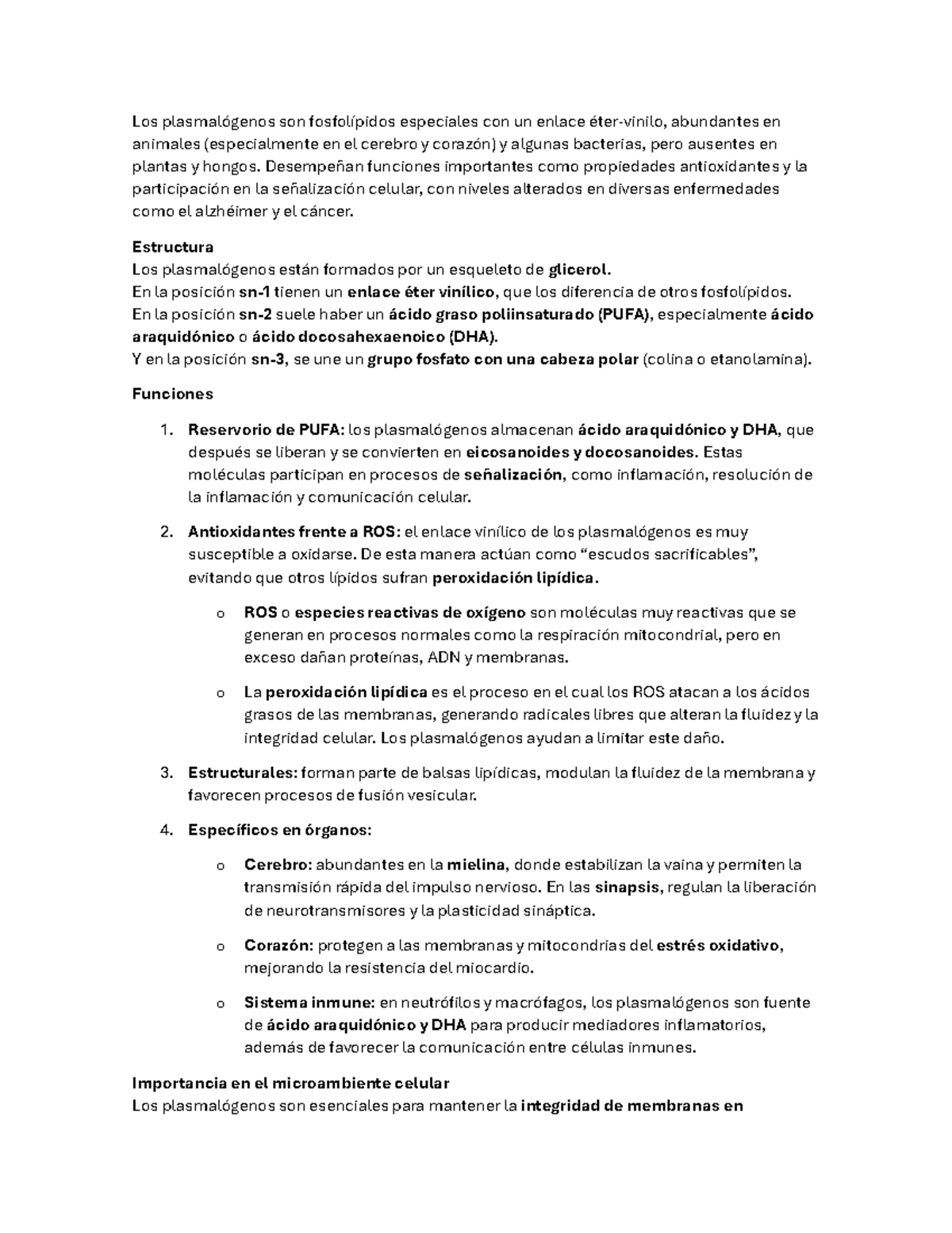 Plasmalógenos: Funciones y Estructura en Salud y Enfermedad - Studocu