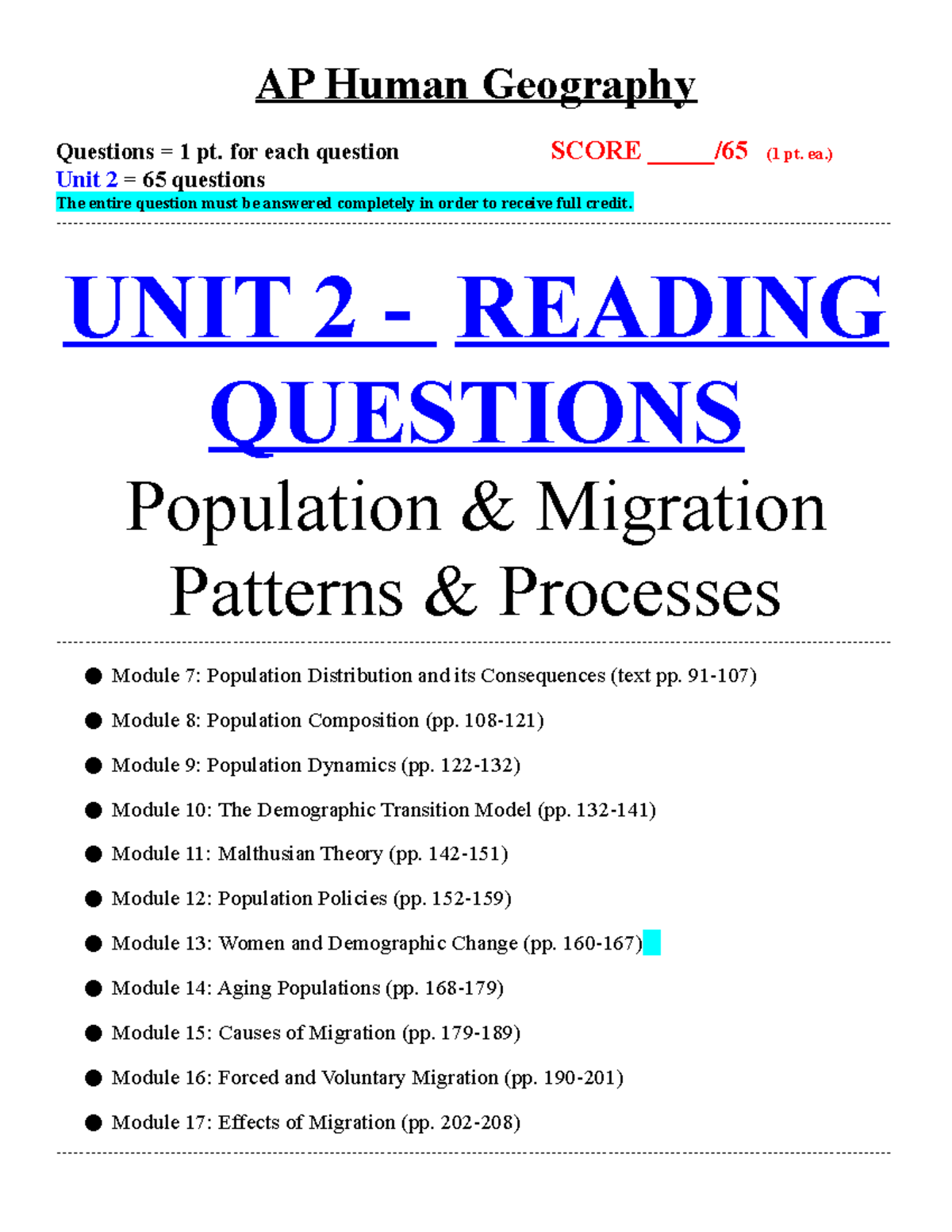 Unit 2 Reading Question packet (Mods 7-17) - AP Human Geography ...