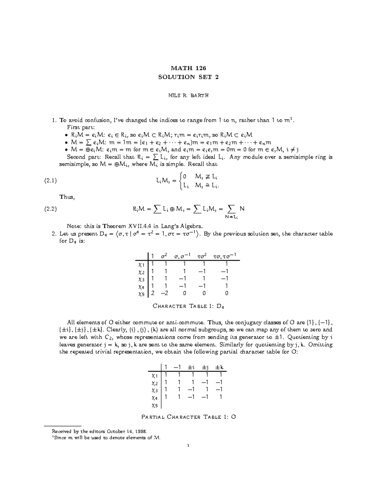MATH 126 Solution Set 2: Algebra and Character Tables - Studocu