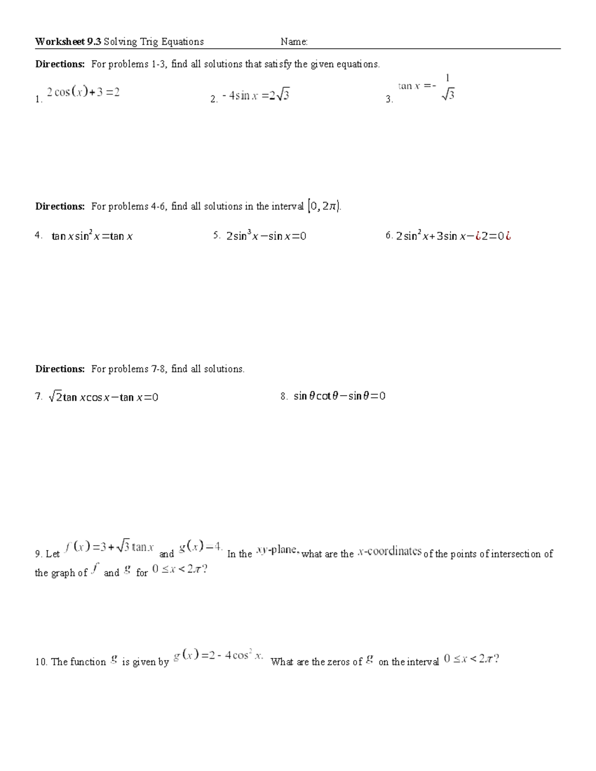 HW 9.3 Worksheet: Solving Trigonometric Equations - Studocu