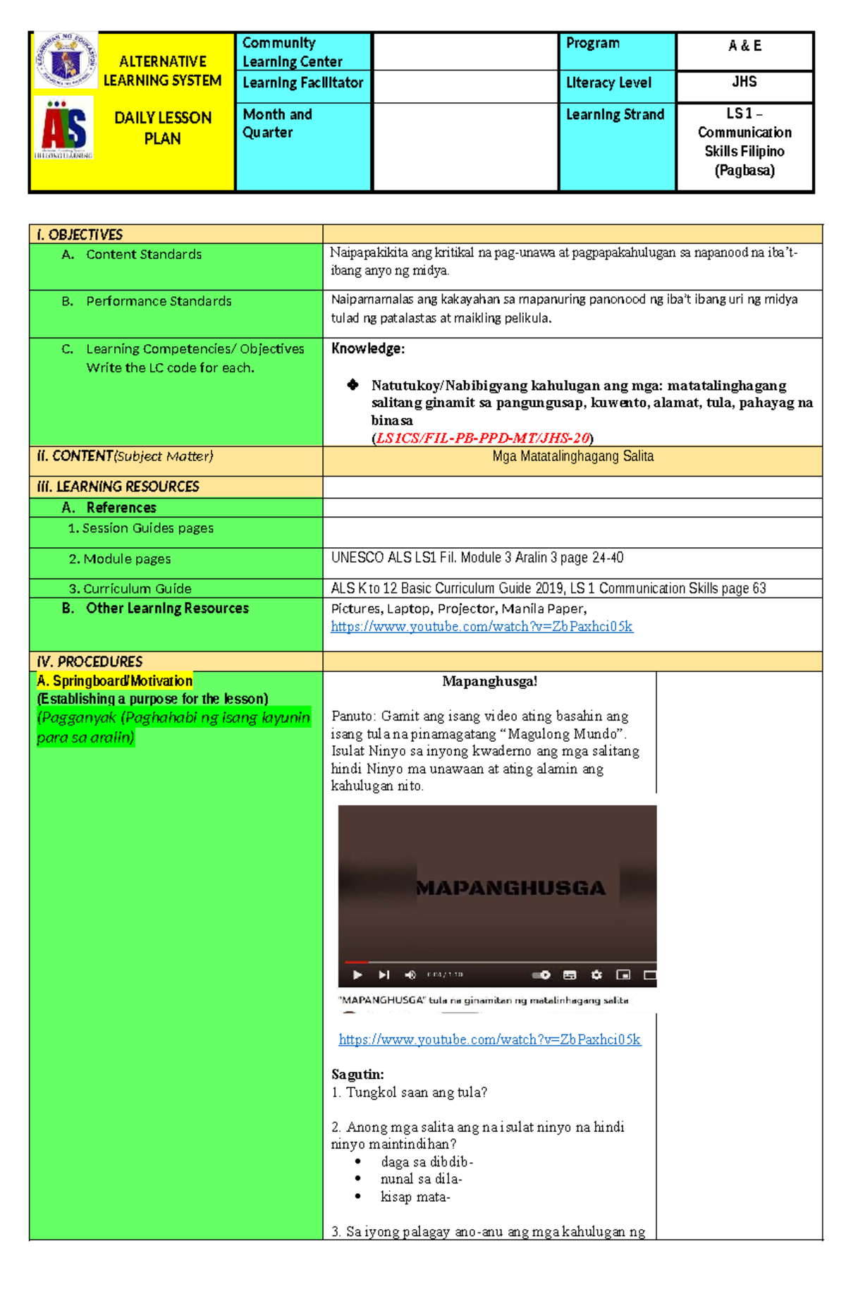 LS1 Fil. DLP-JHS: Daily Lesson Plan on Matalinghagang Salita - Studocu