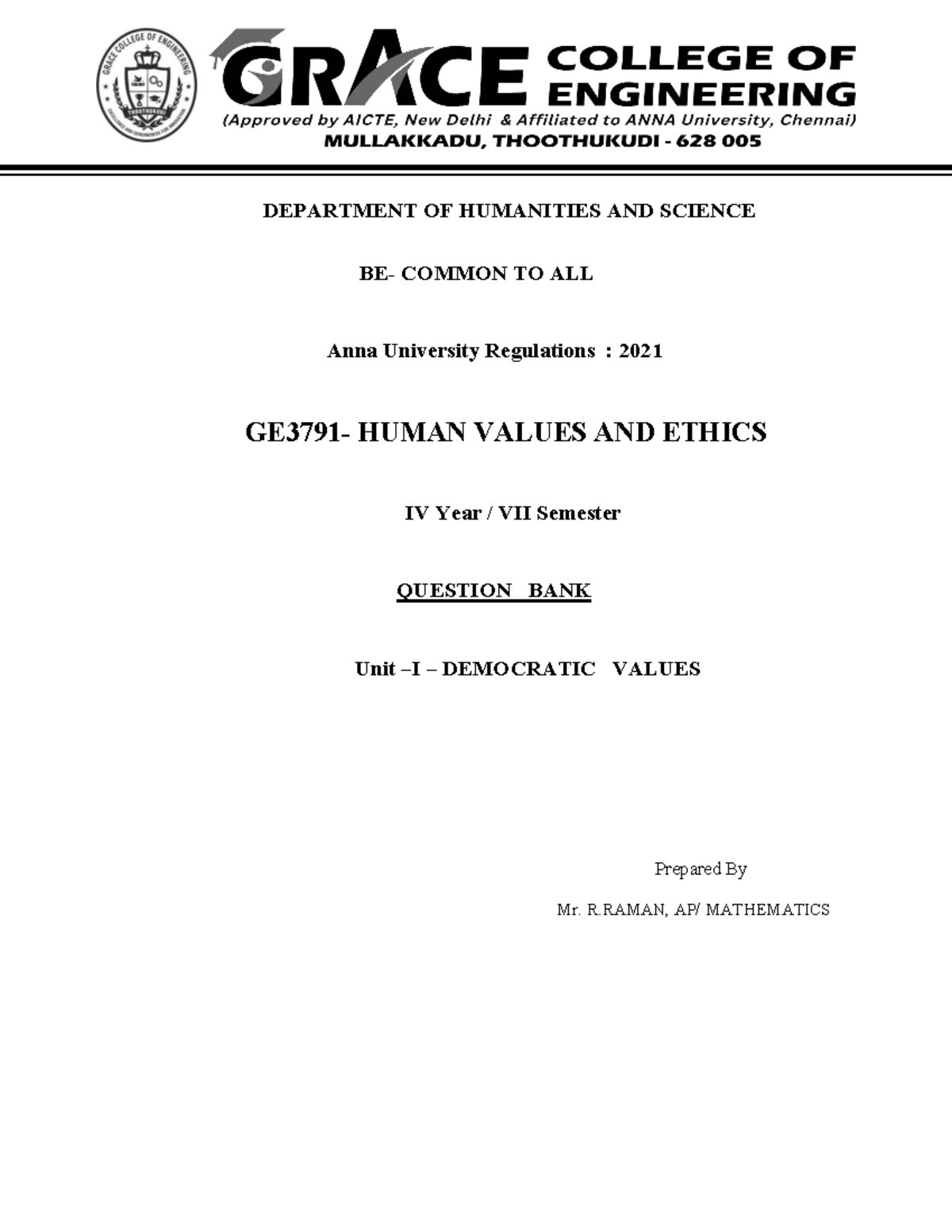 VII H&S GE3791 Human Values and Ethics Question Bank - Unit 1 - Studocu