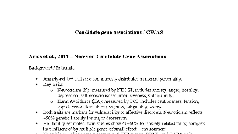 Candidate Gene Associations in Anxiety Disorders: GWAS Insights (Arias ...