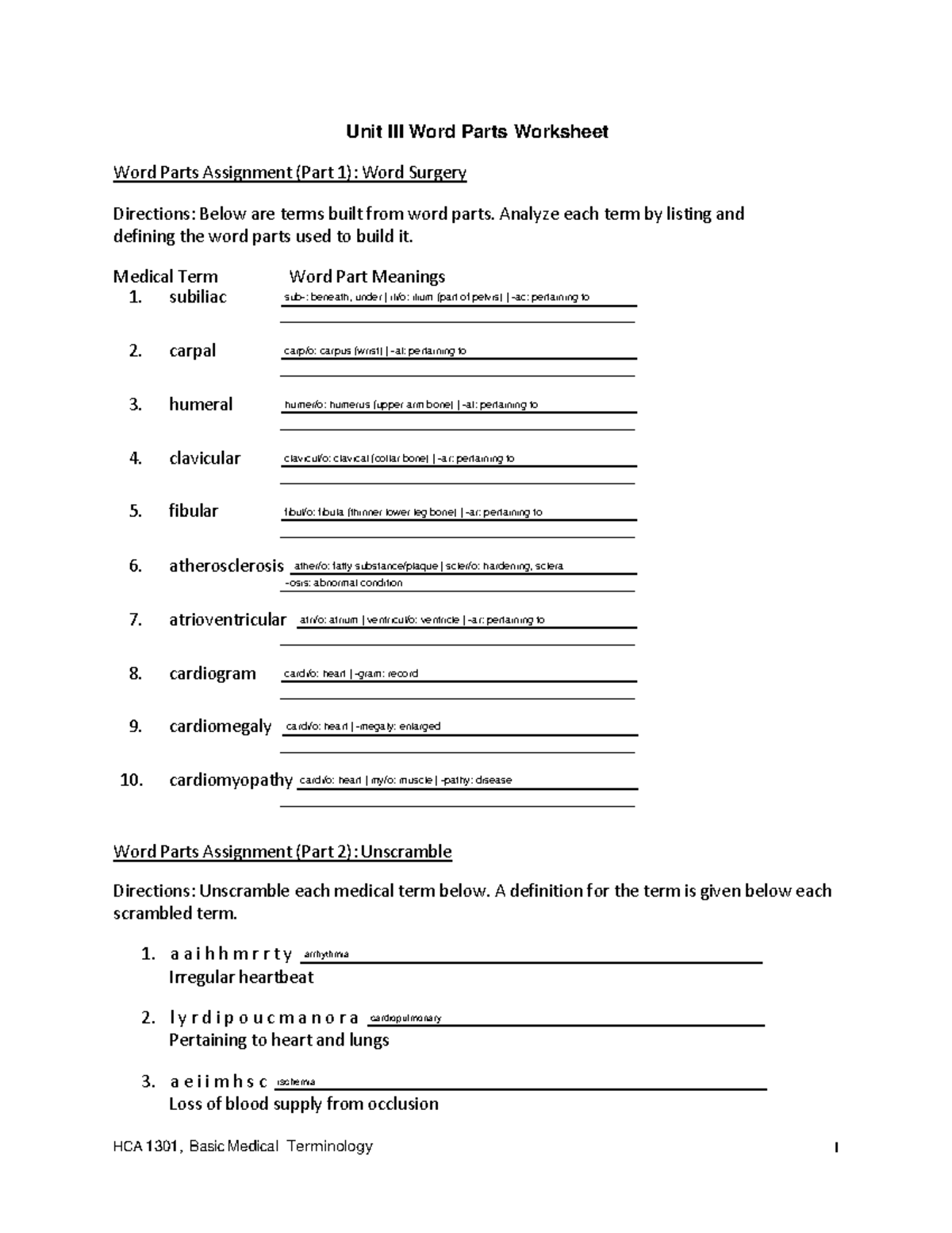 HCA 1301 Unit 3 - Word Parts and Case Study Worksheet - Studocu